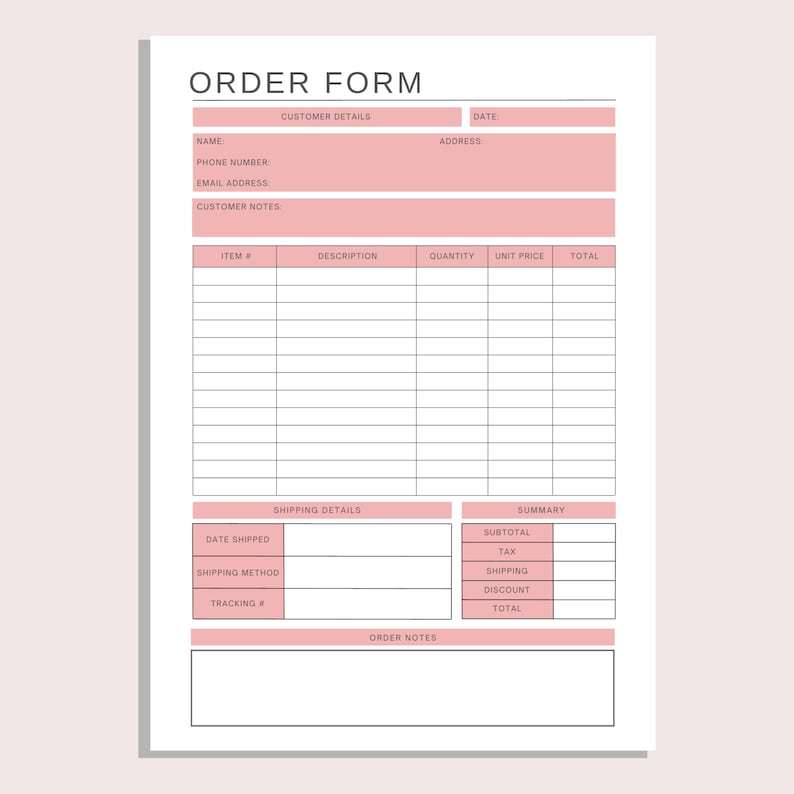 Small Business Order Form | Printable Order Tracker | Purchase Order ...