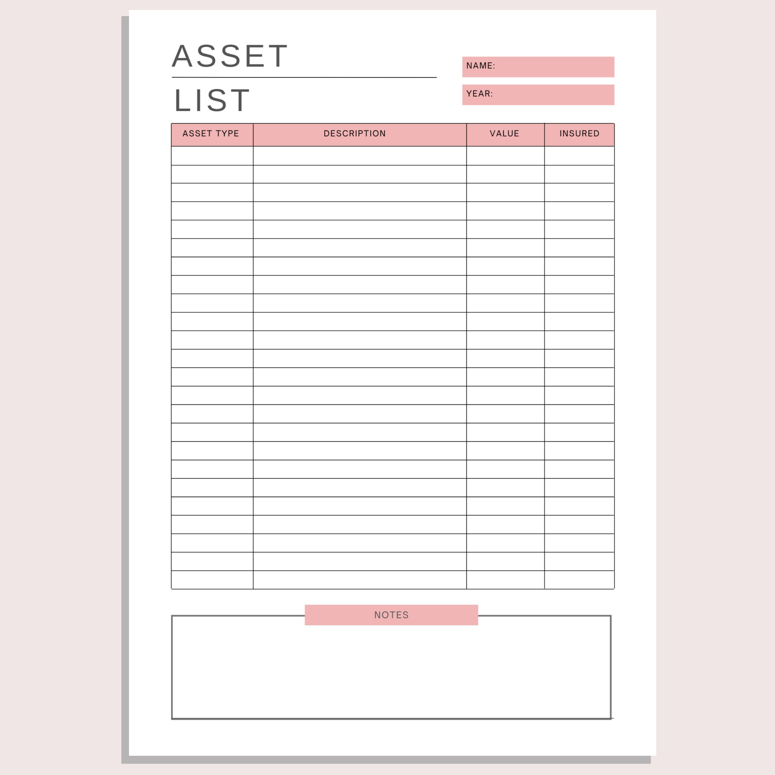 Asset List | Printable Item Log | Finance Tracker | Home Inventory List ...