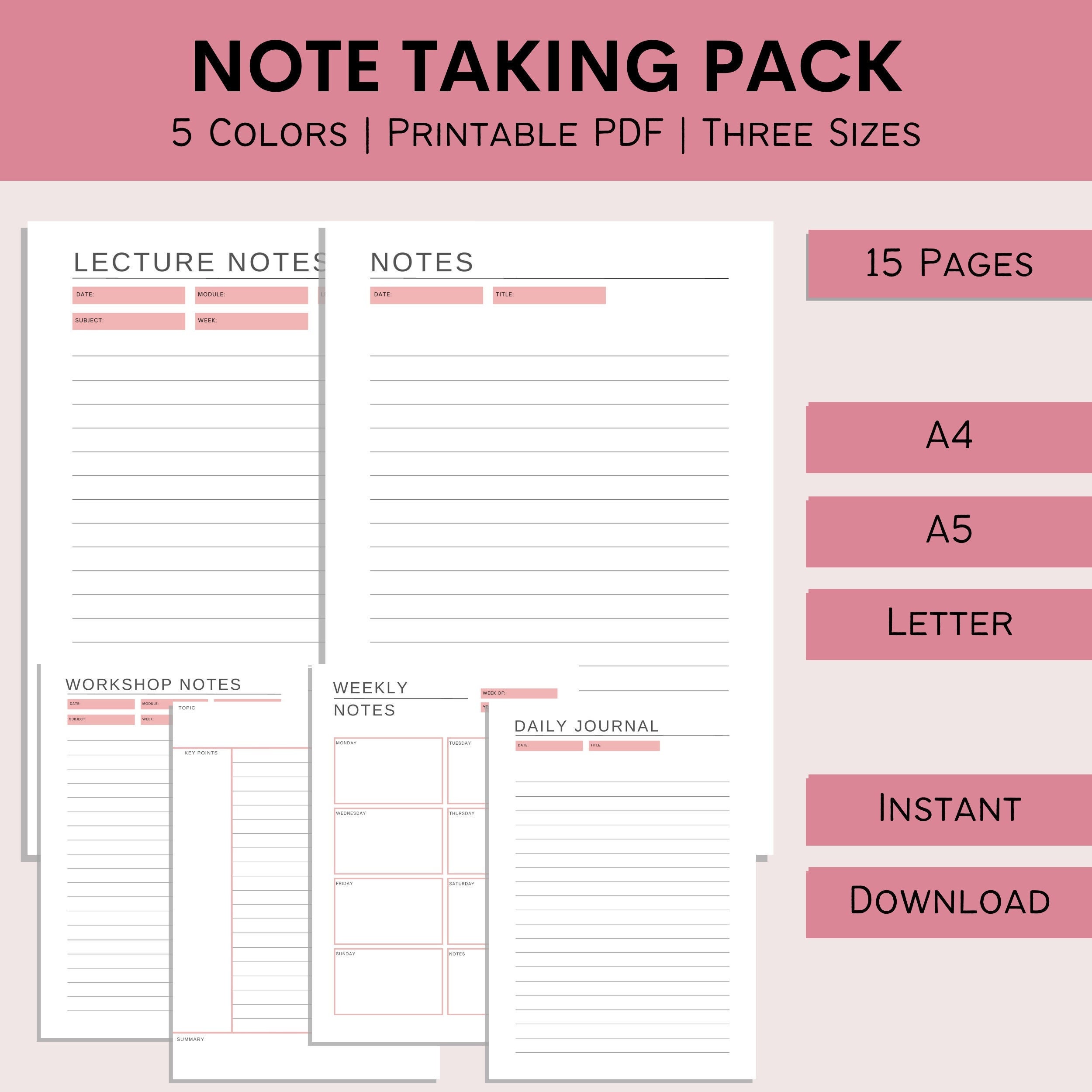 Note Taking Pack Printable Note Pages Student Note Bundle Planning and ...