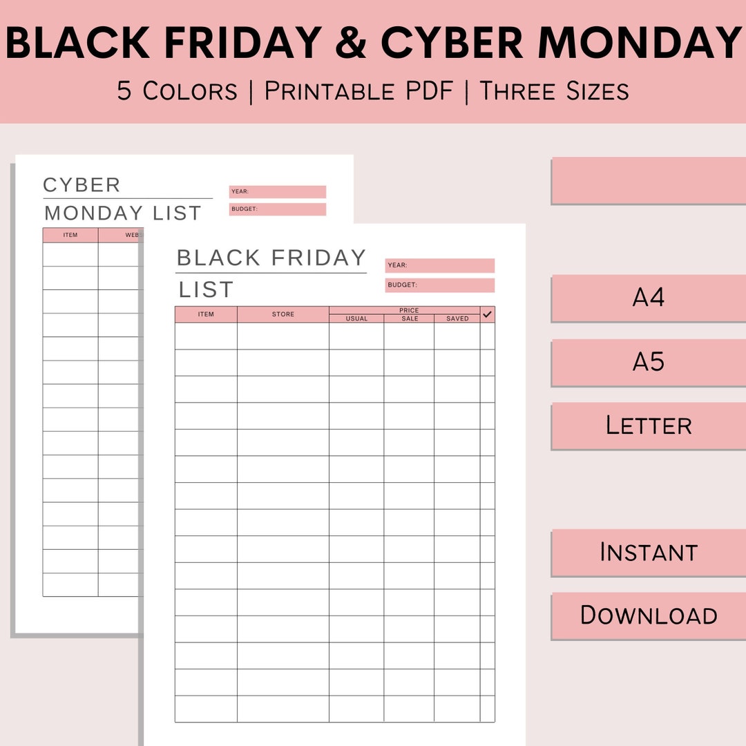 Black Friday List | Printable Cyber Monday Tracker | Shopping Log ...