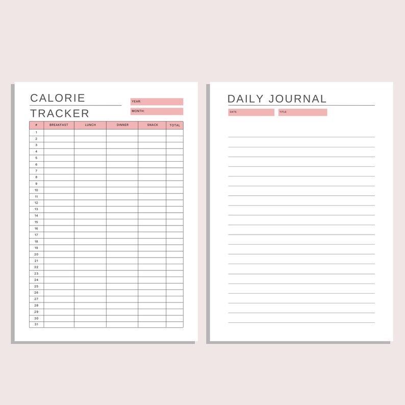 Calorie Tracker and Journal, Monthly Calorie Intake Printable, Daily ...