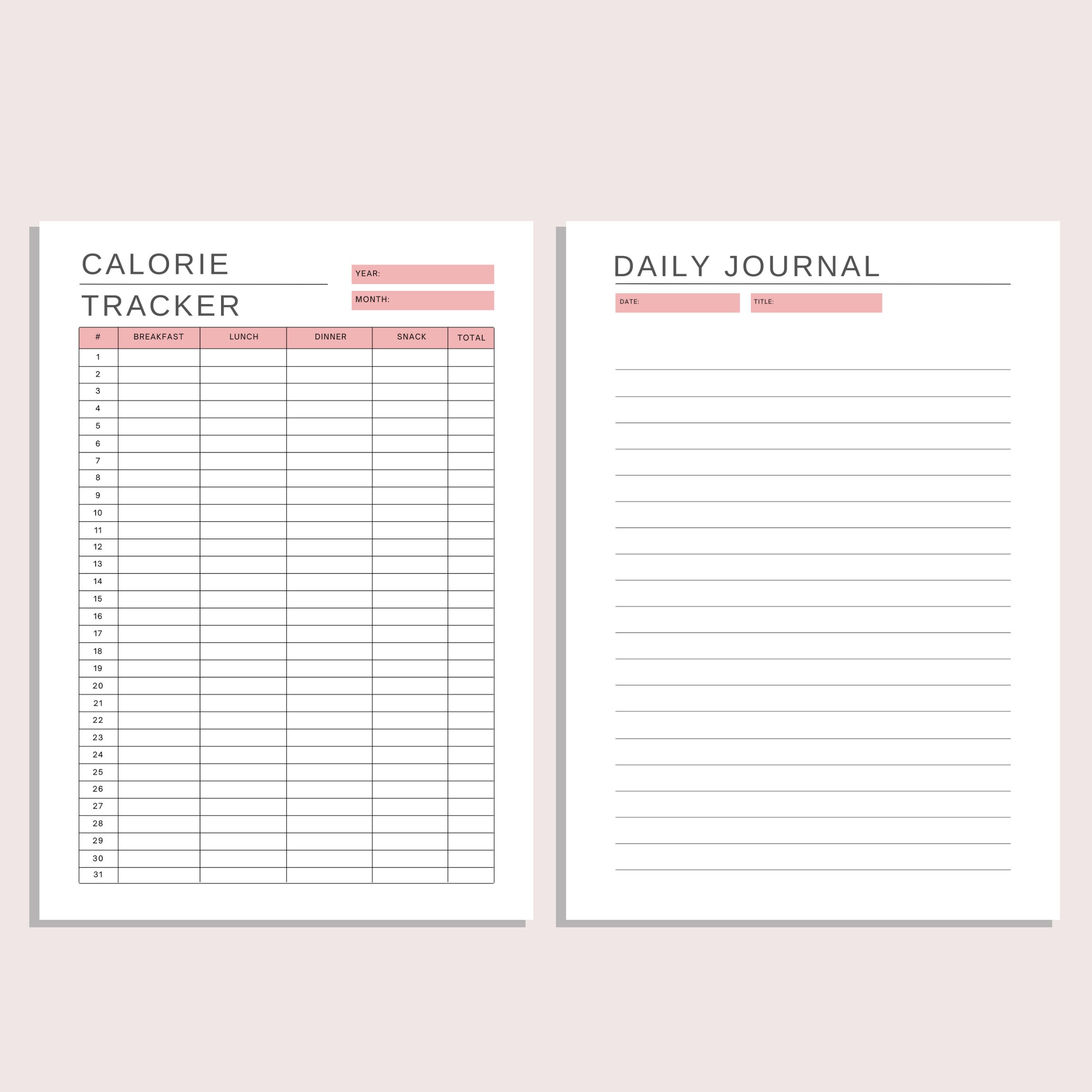 Calorie Tracker and Journal, Monthly Calorie Intake Printable, Daily ...