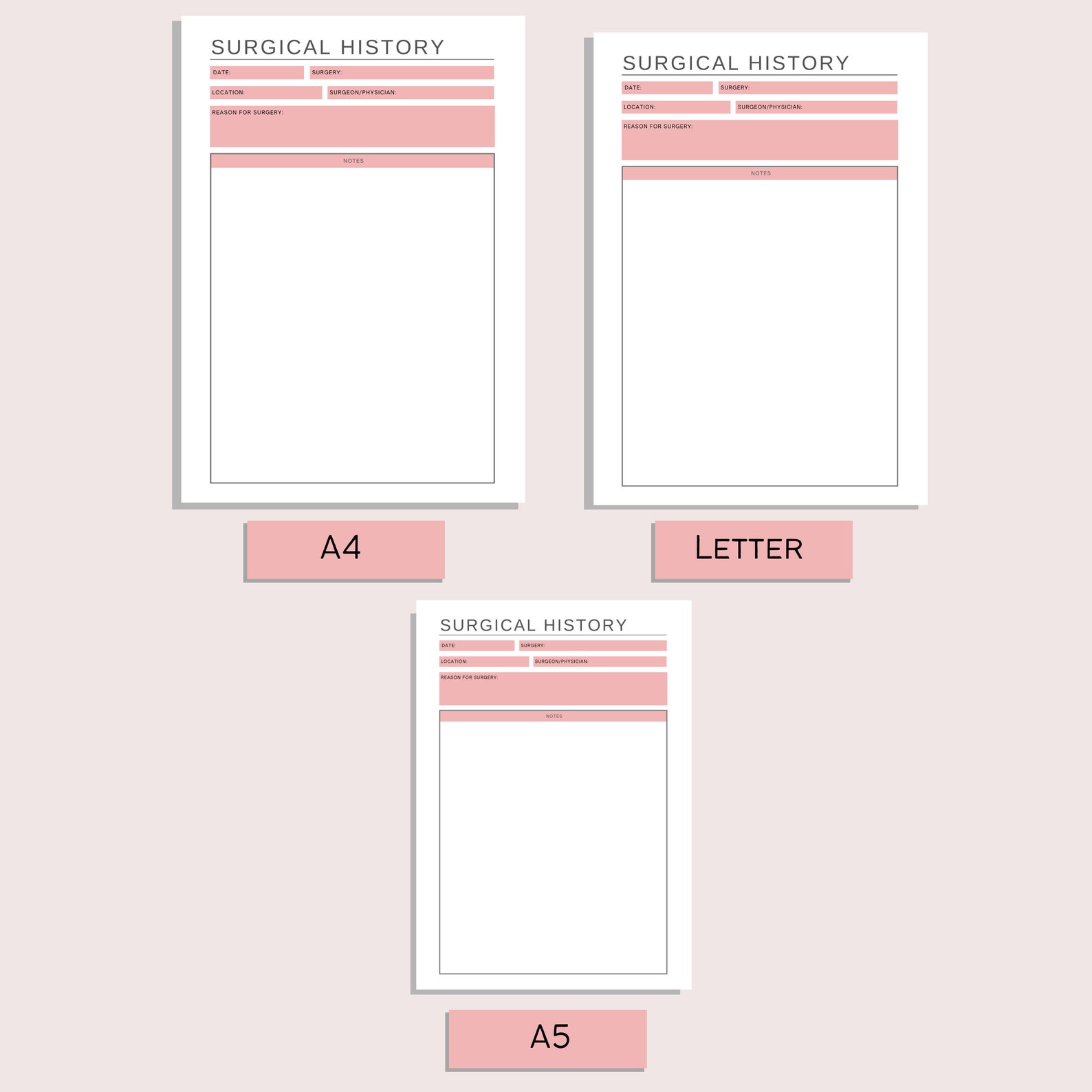 Surgical History Notes Printable | Procedure Form | Health History Log ...