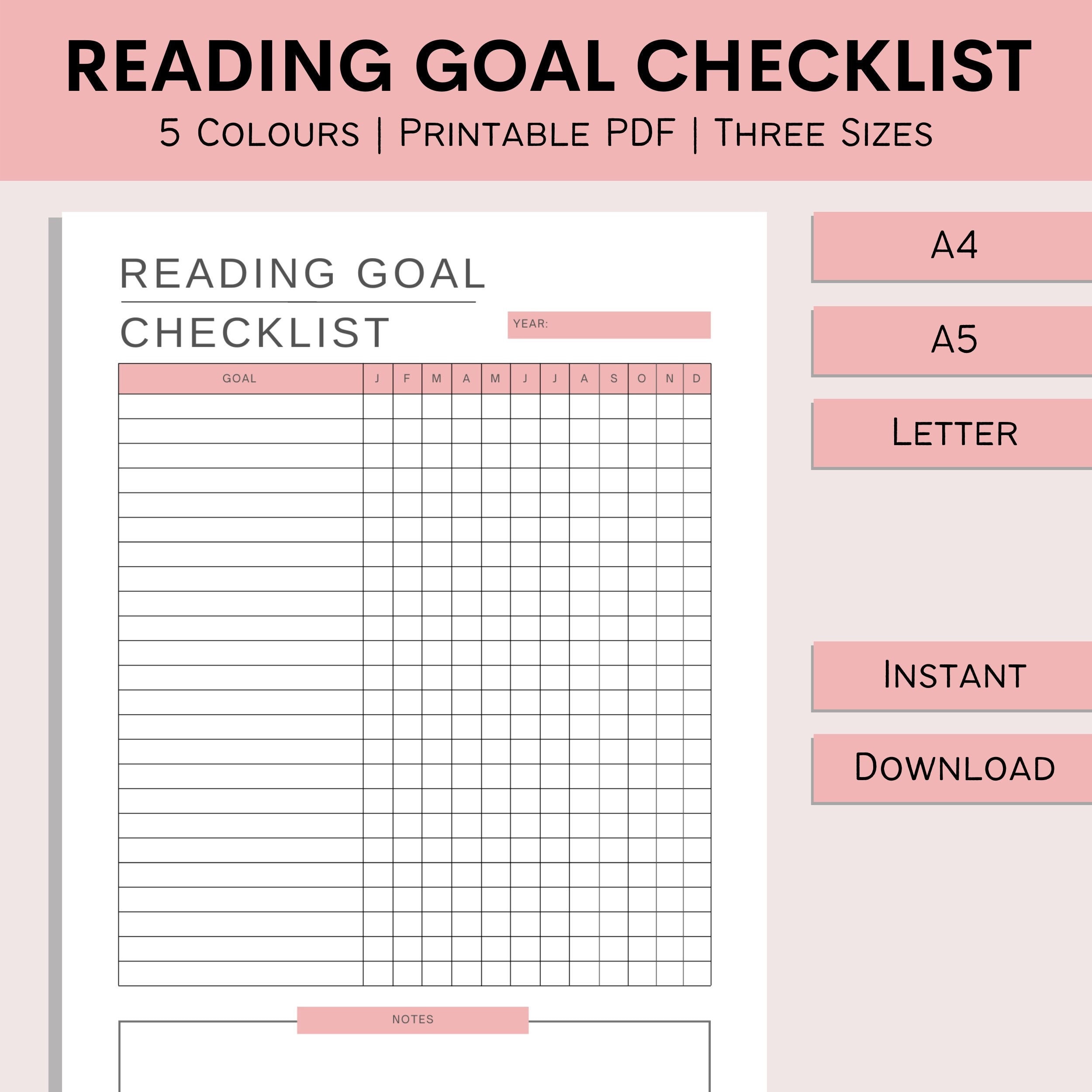 Reading Goal Checklist | Printable Reading Planner | Books to Read ...