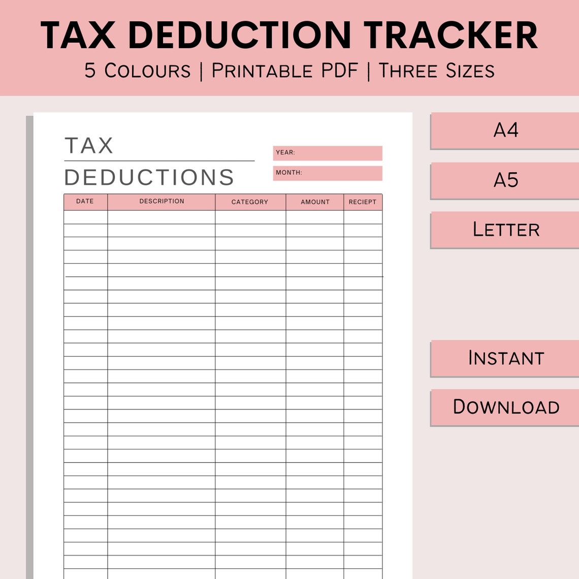 Tax Deduction Tracker | Printable Tax Sheet | Business Decduction Log ...