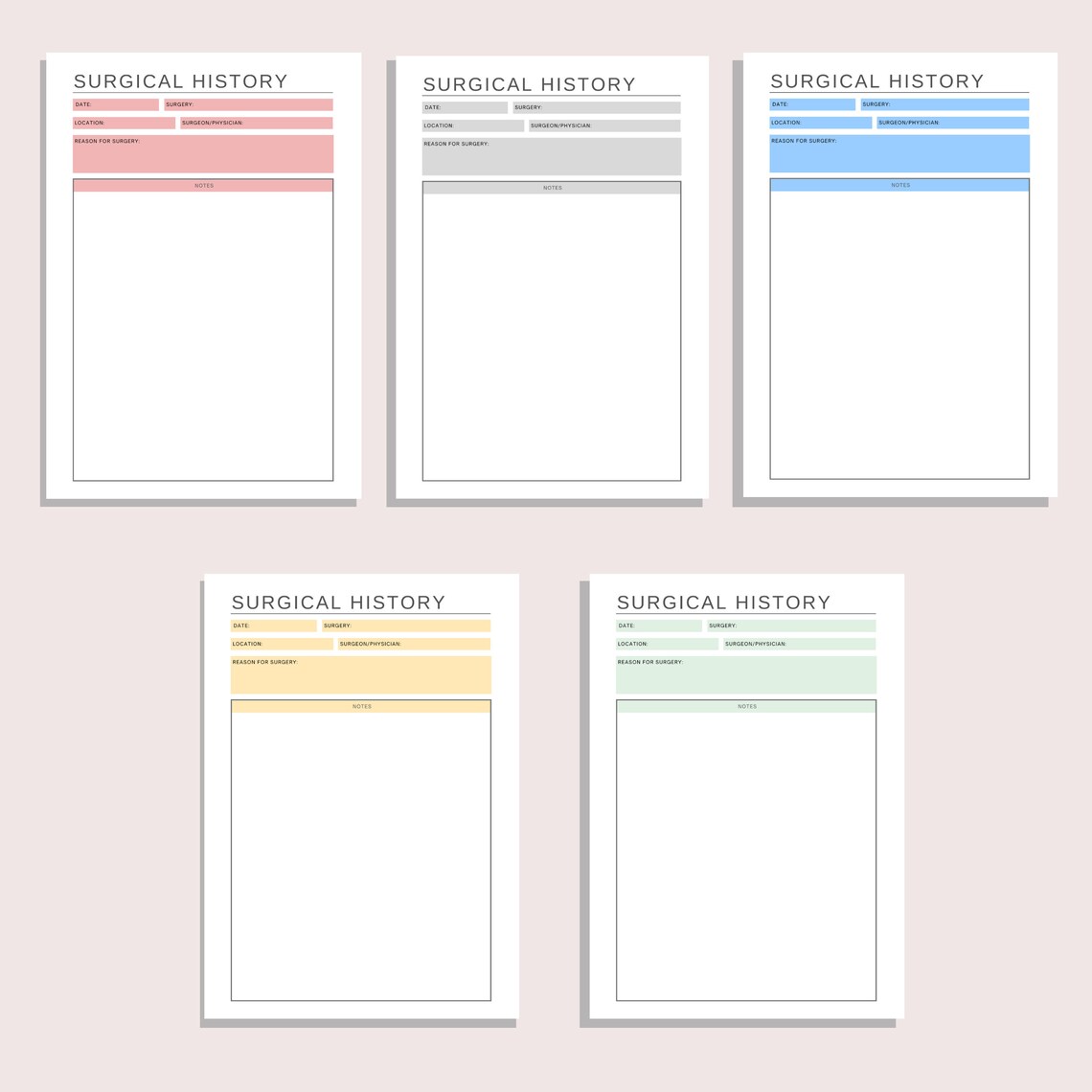 Surgical History Notes Printable | Procedure Form | Health History Log ...