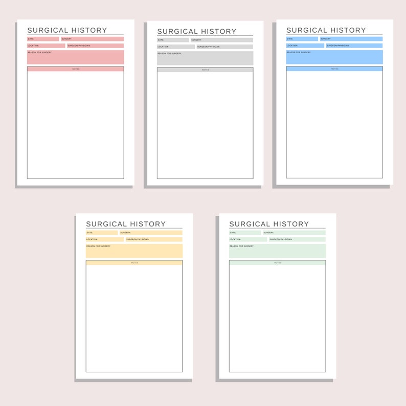 Surgical History Notes Printable | Procedure Form | Health History Log ...