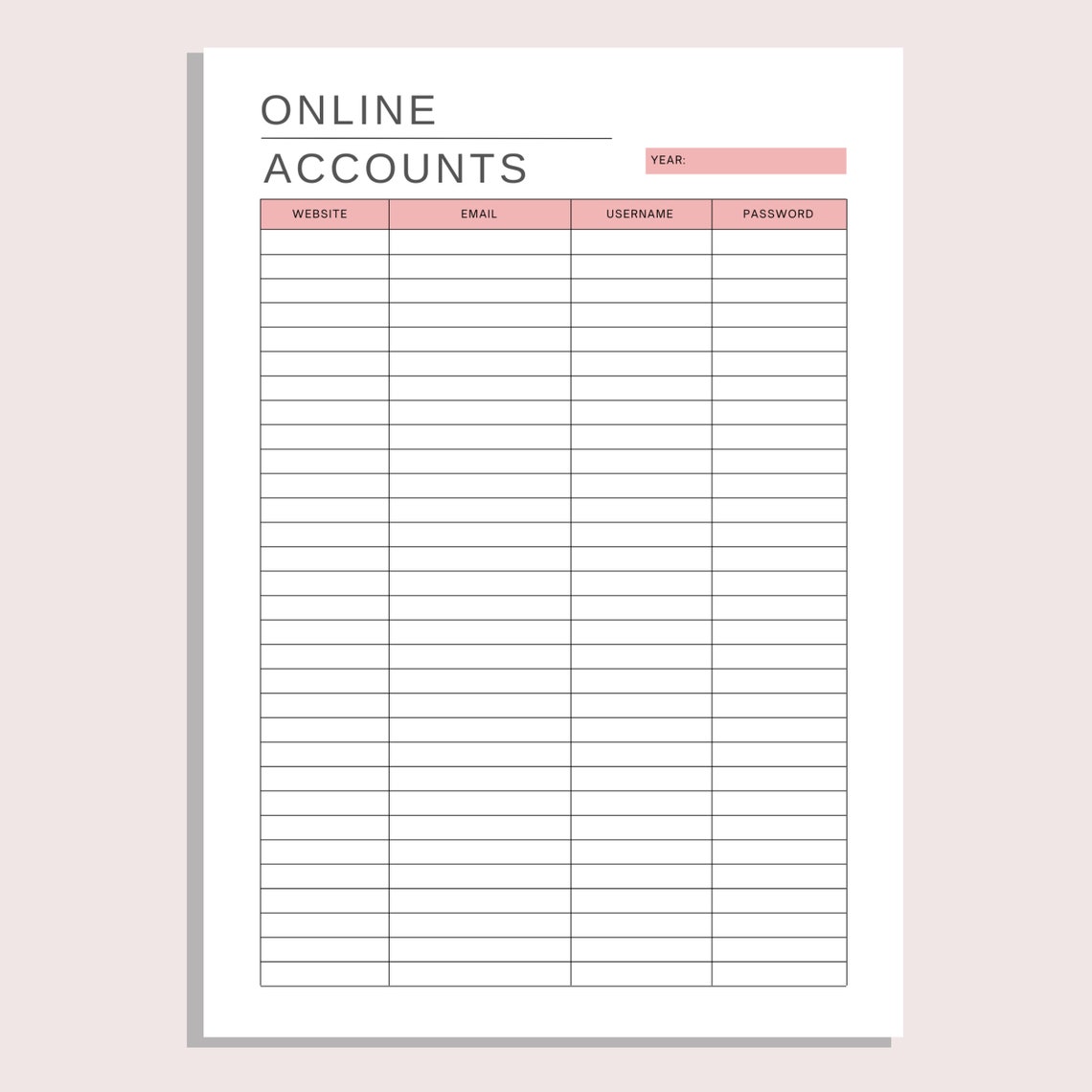 Online Account List | Printable Password Tracker | Accounts | Password ...