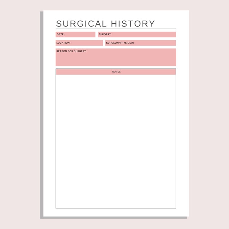 Surgical History Notes Printable | Procedure Form | Health History Log ...
