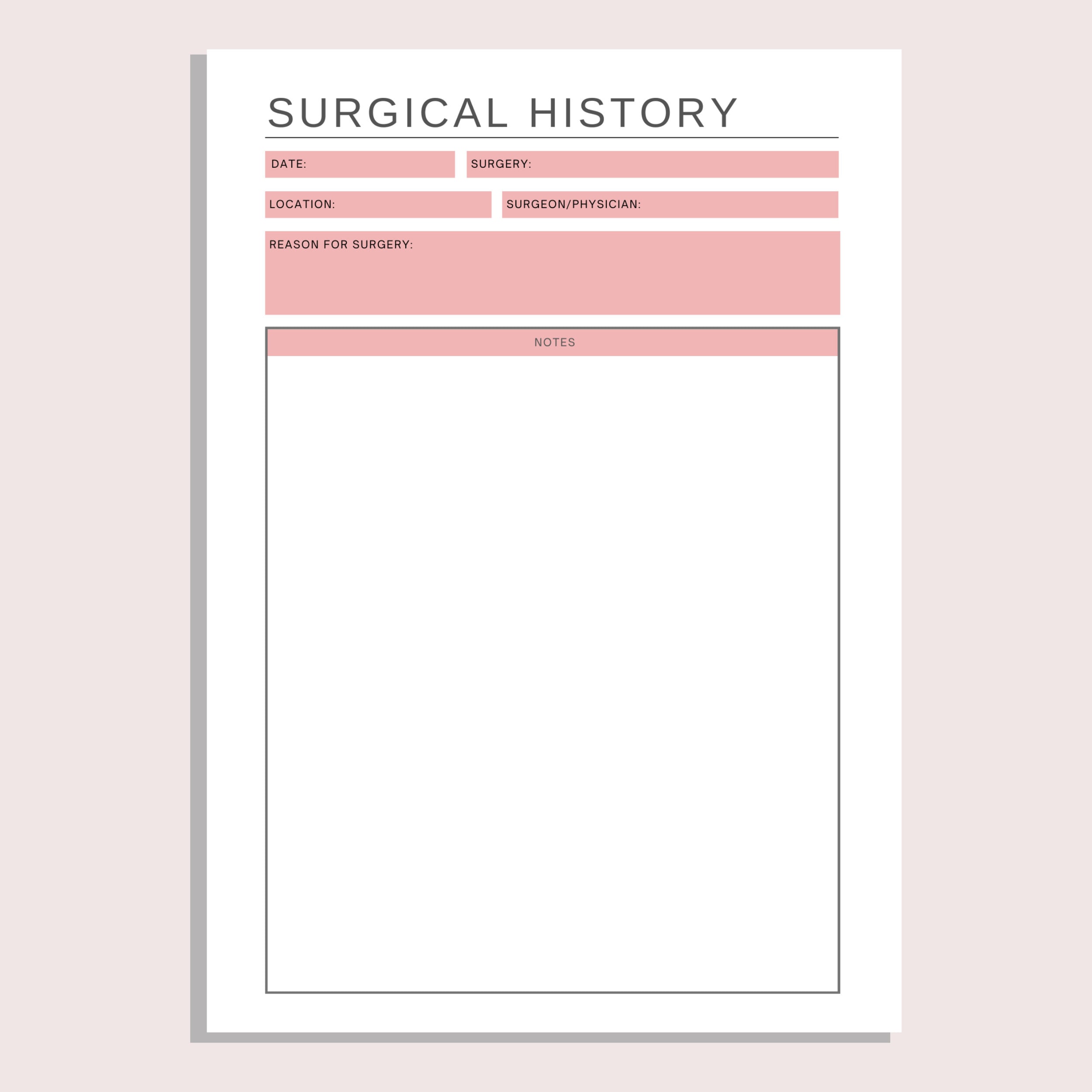 Surgical History Notes Printable | Procedure Form | Health History Log ...