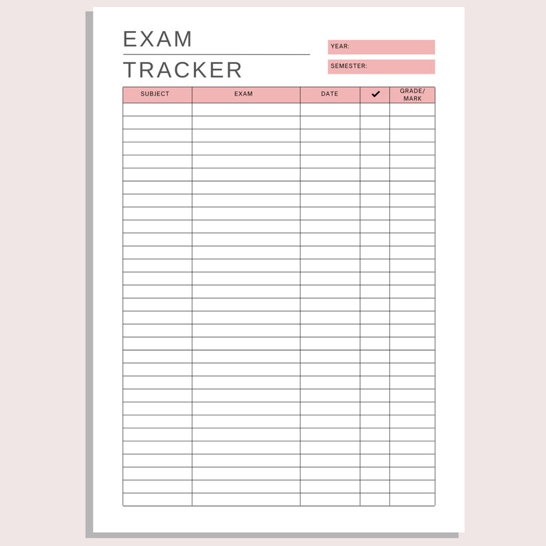 Exam Tracker | Printable College Exam Log | University Assessment ...