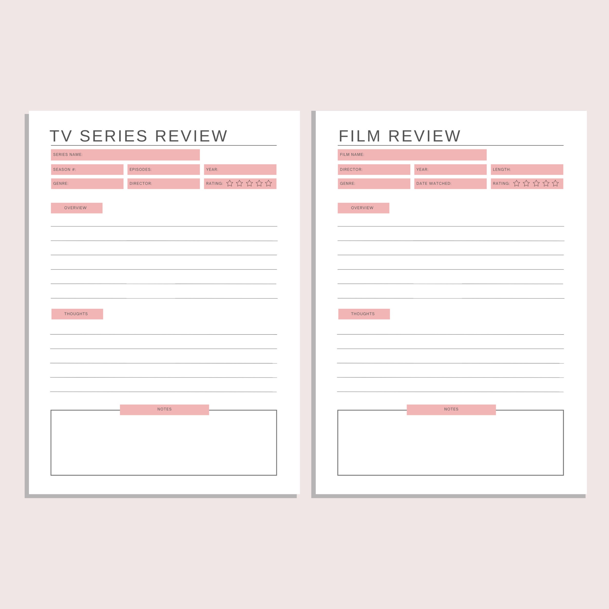 TV & Film Review Sheets | Printable Film Tracker | Television Show Log ...