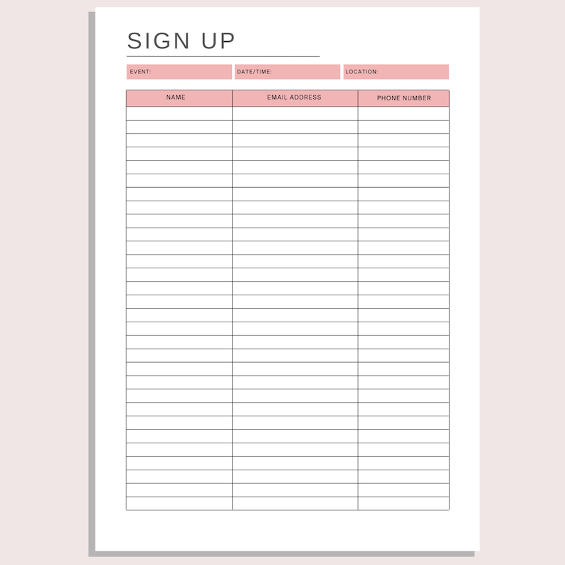 Sign up Sheet | Printable Sign in Form | Event Contact Log | Simple ...