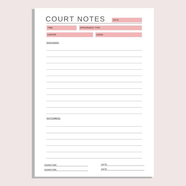 Court Notes, Printable Court Record, Custody Note Keeping, Court ...