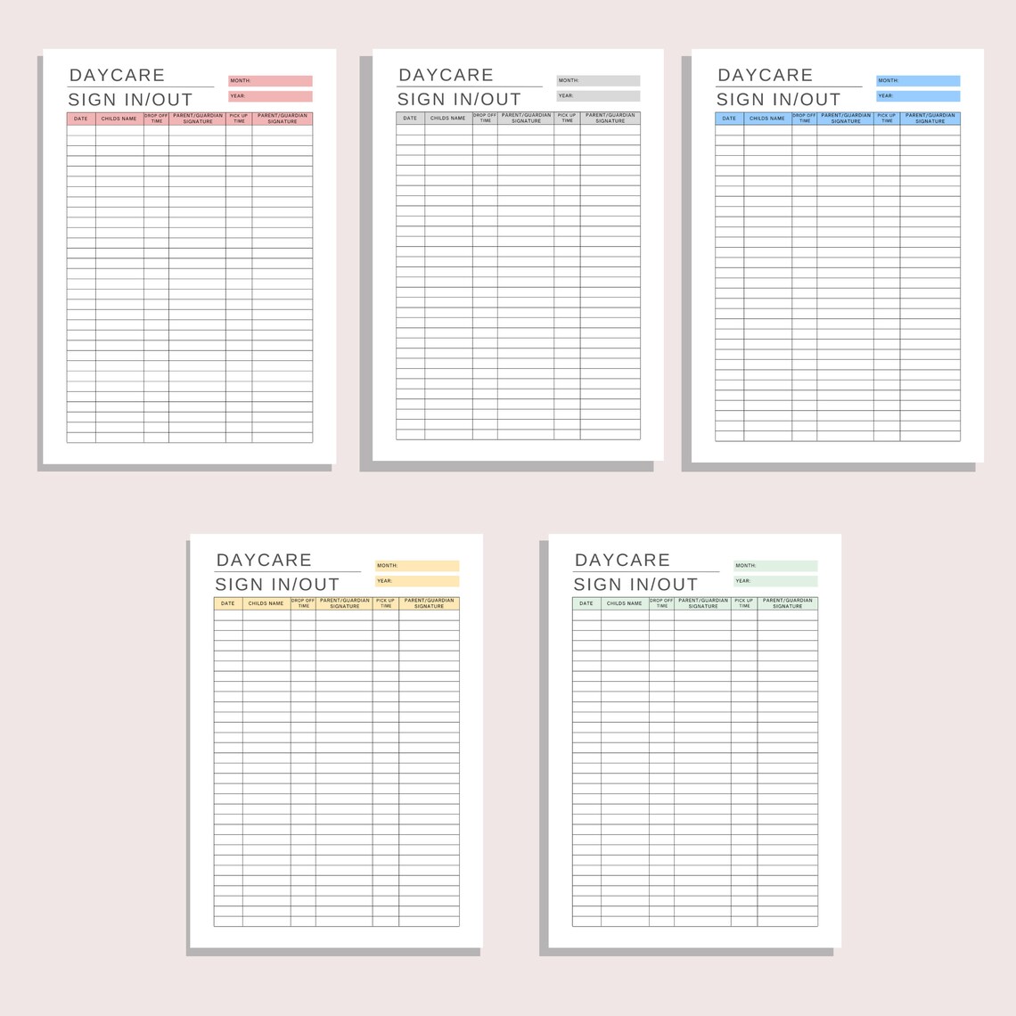 Daycare Sign in Sheet | Sign Out Form | Attendance List | Nursery ...