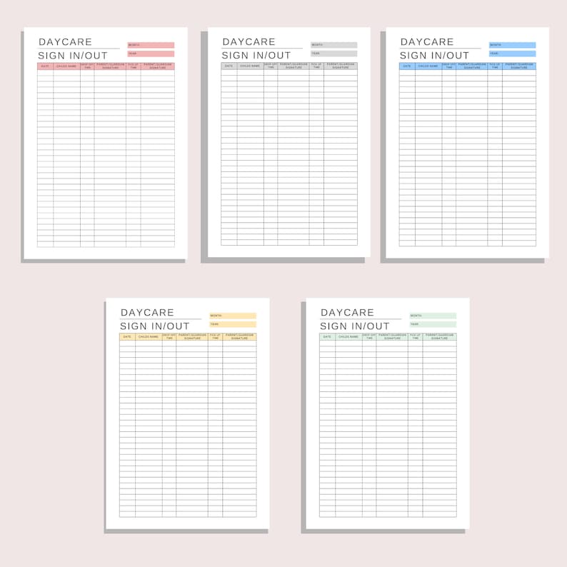 Daycare Sign in Sheet | Sign Out Form | Attendance List | Nursery ...