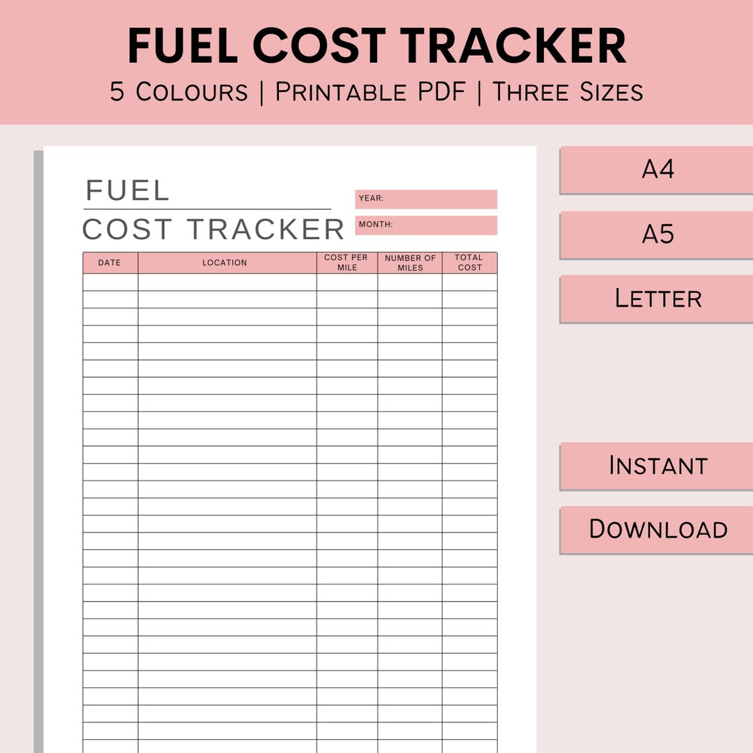 Fuel Cost Tracker Fuel Expense Log Mileage Tracker Printable Cost Per