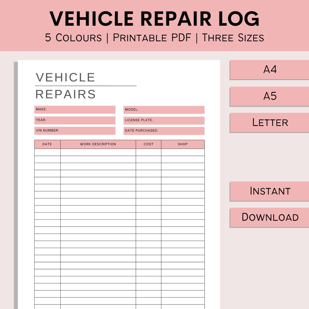 Vehicle Repair Log | Maintenance Tracker | Mechanic | Printable Work ...