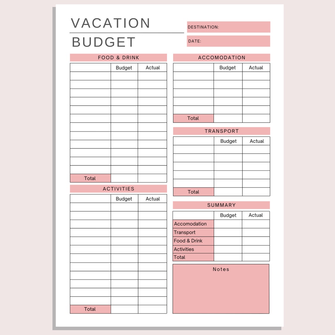 Vacation Budget Planner | Printable Holiday Spreadsheet | Budget Log ...