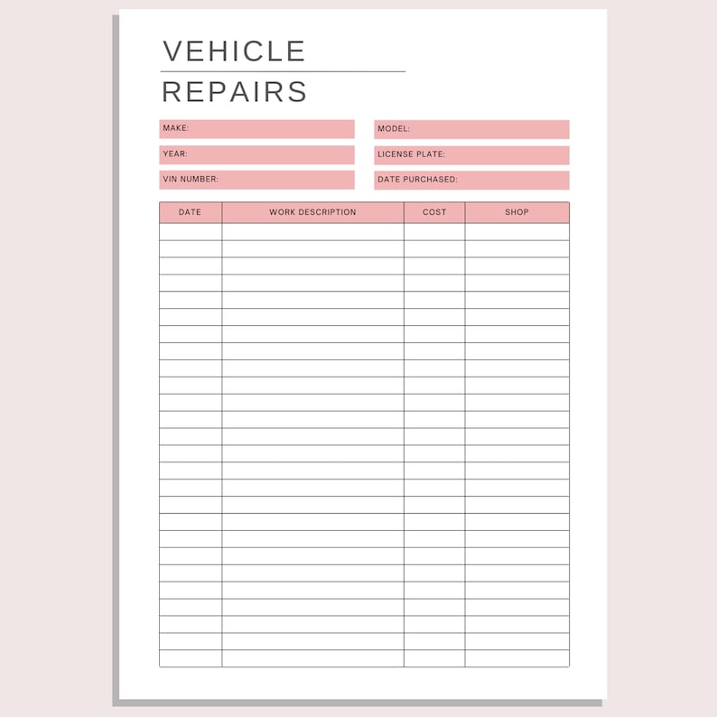Vehicle Repair Log | Maintenance Tracker | Mechanic | Printable Work ...