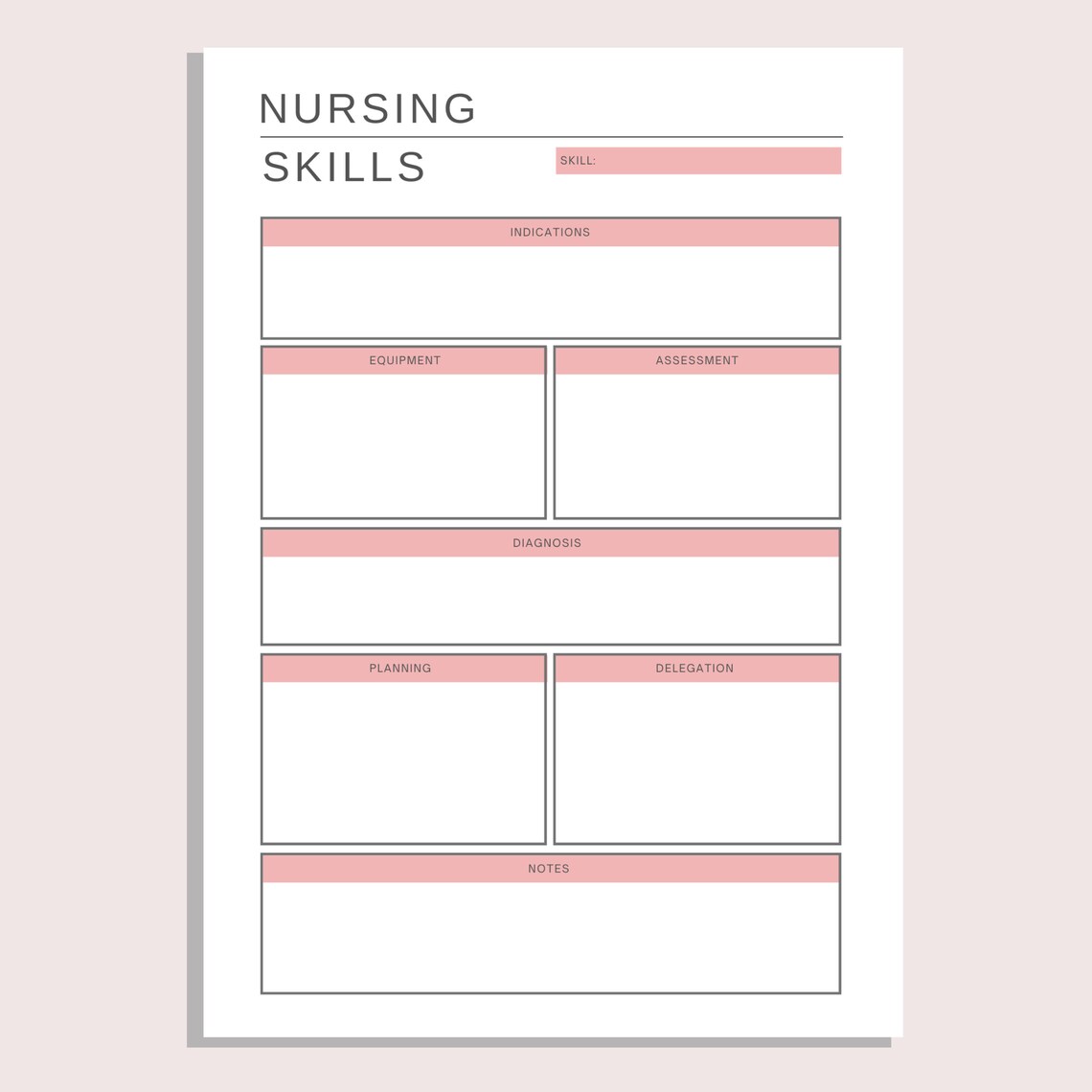 Nursing Skills Sheet Template | Printable Student Nurse Notes | Nursing ...