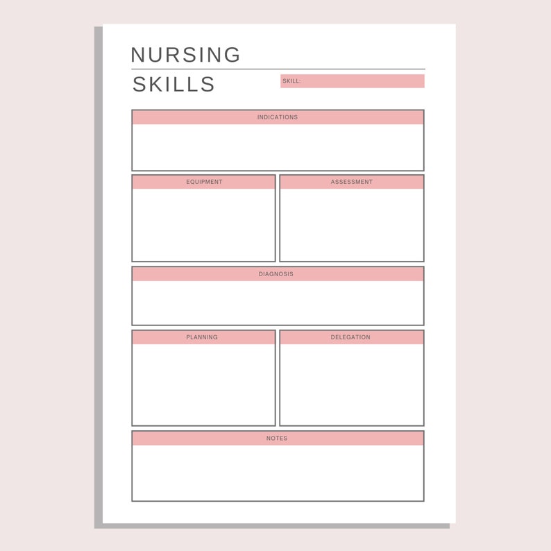 Nursing Skills Sheet Template | Printable Student Nurse Notes | Nursing ...