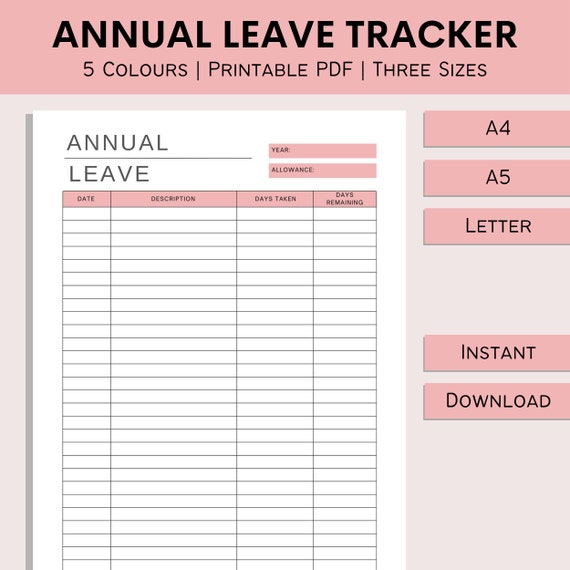 Annual Leave Tracker Holiday Log Printable Work Holiday | Etsy UK
