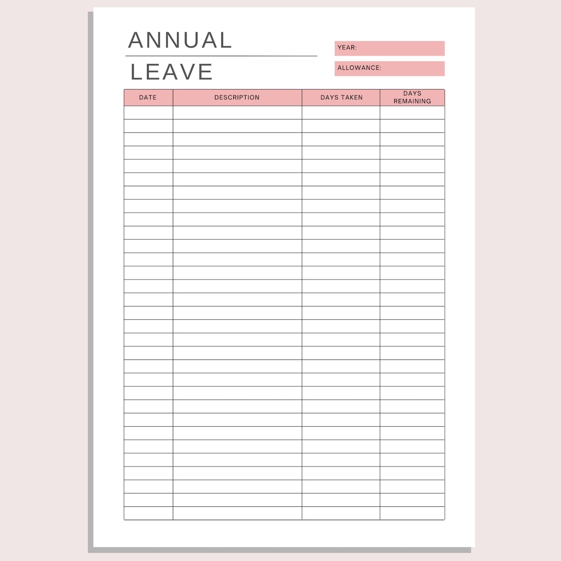 Annual Leave Tracker | Holiday Log | Printable Work Holiday Track ...