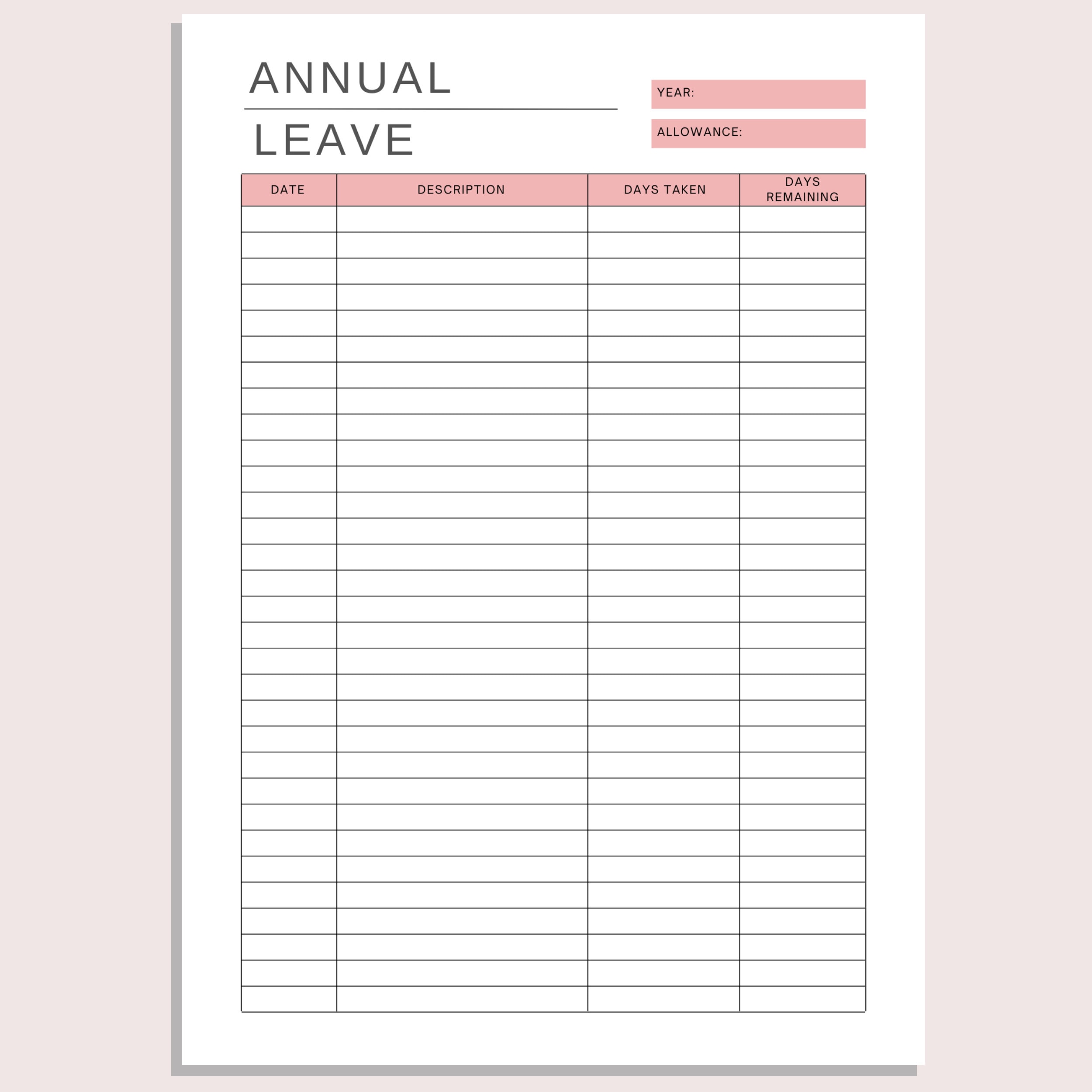 Annual Leave Tracker | Holiday Log | Printable Work Holiday Track ...