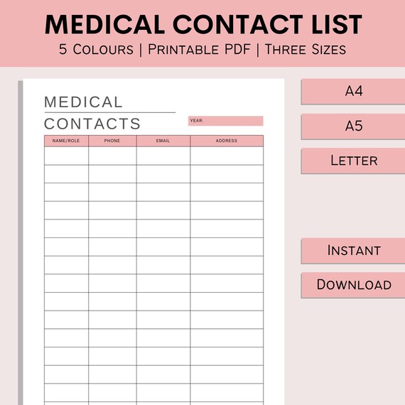 Medical Contact List Printable Medical Tracker Healthcare - Etsy