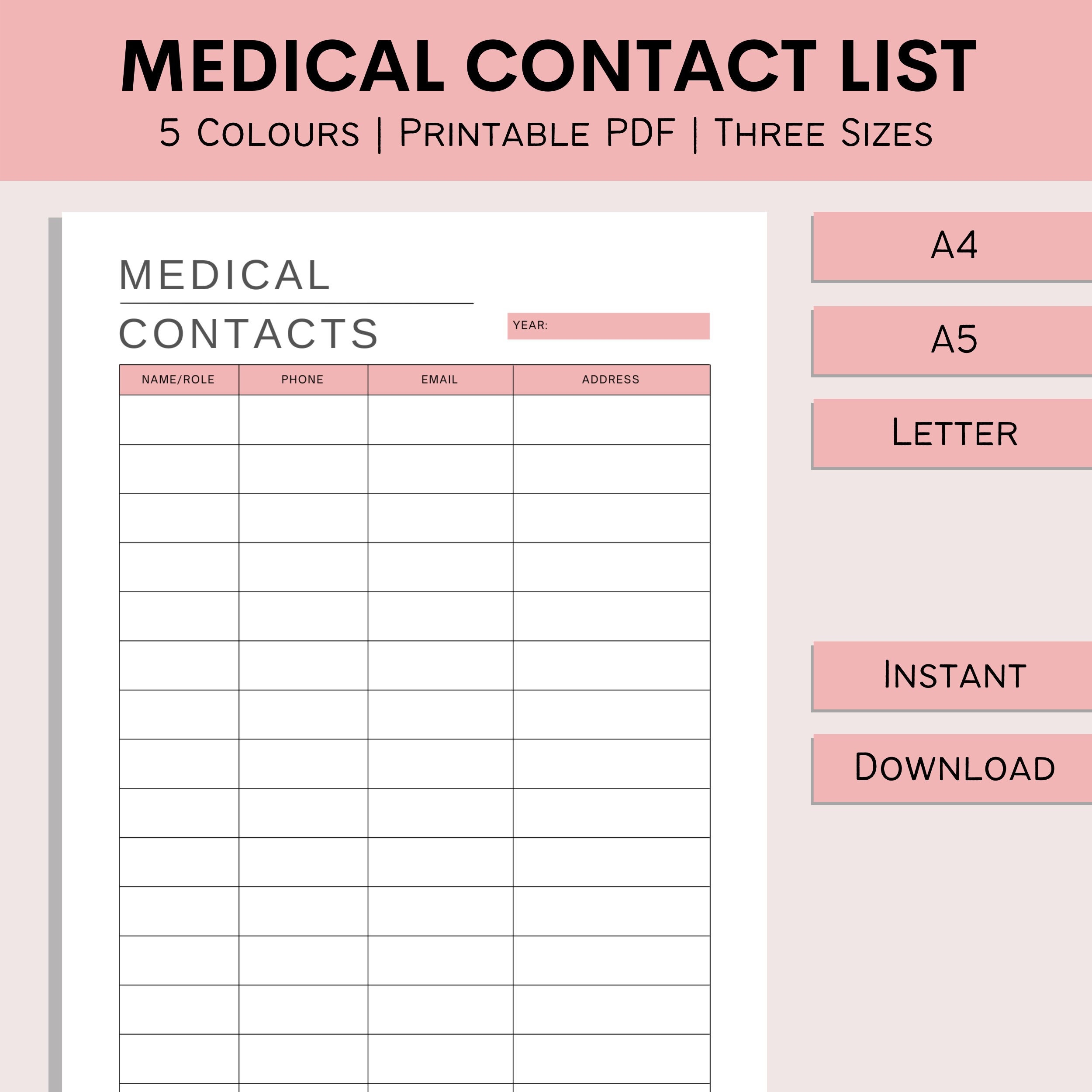 Medical Contact List | Printable Medical Tracker | Healthcare Contact ...