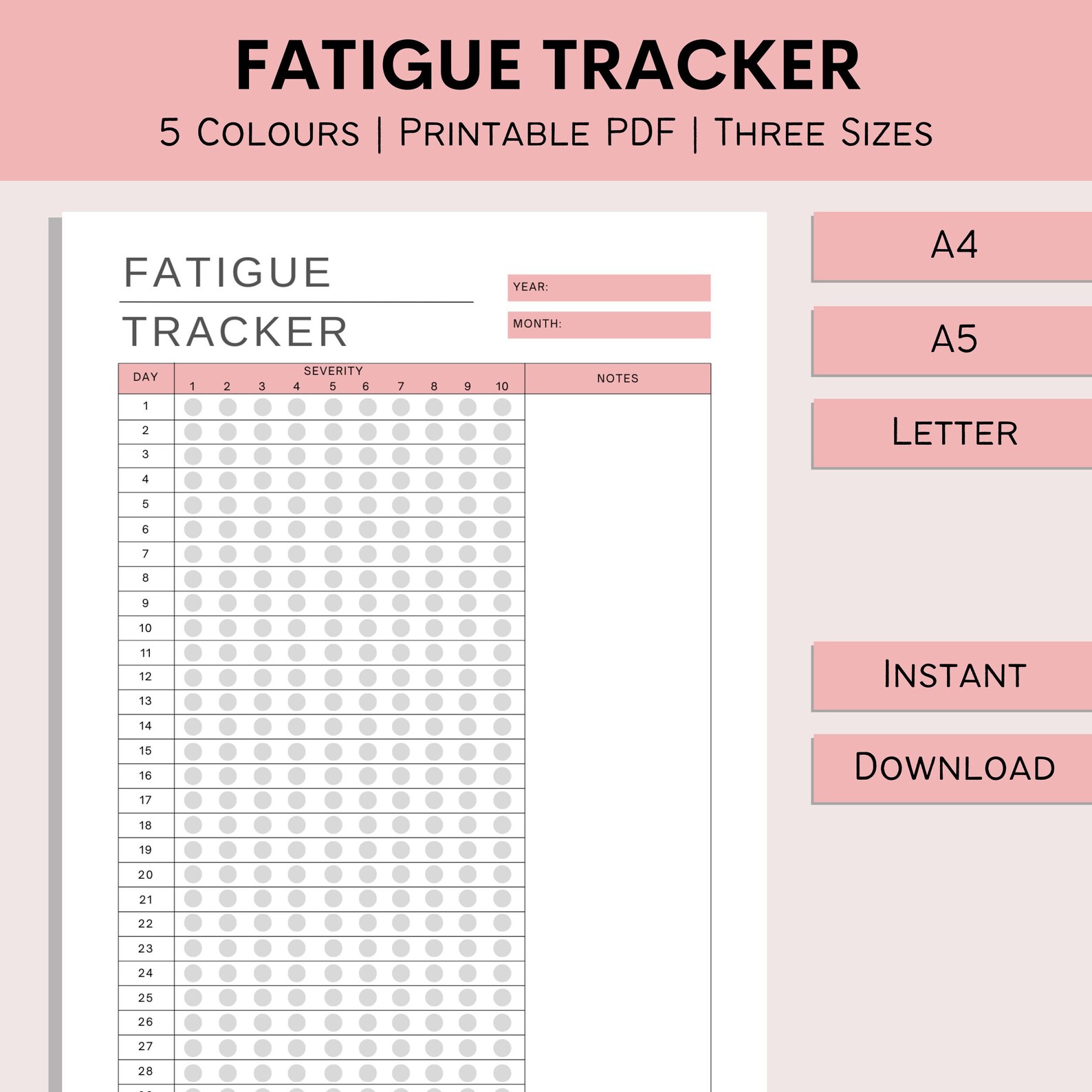 Fatigue Tracker Printable | Monthly Health Journal | Fatigue Severity ...