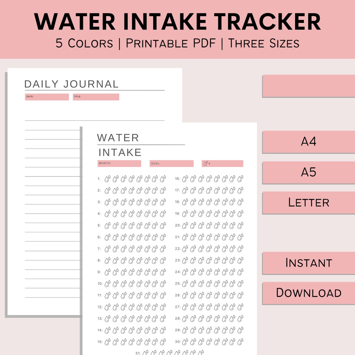 Water Intake Tracker | Monthly Hydration Printable | Water Journal ...