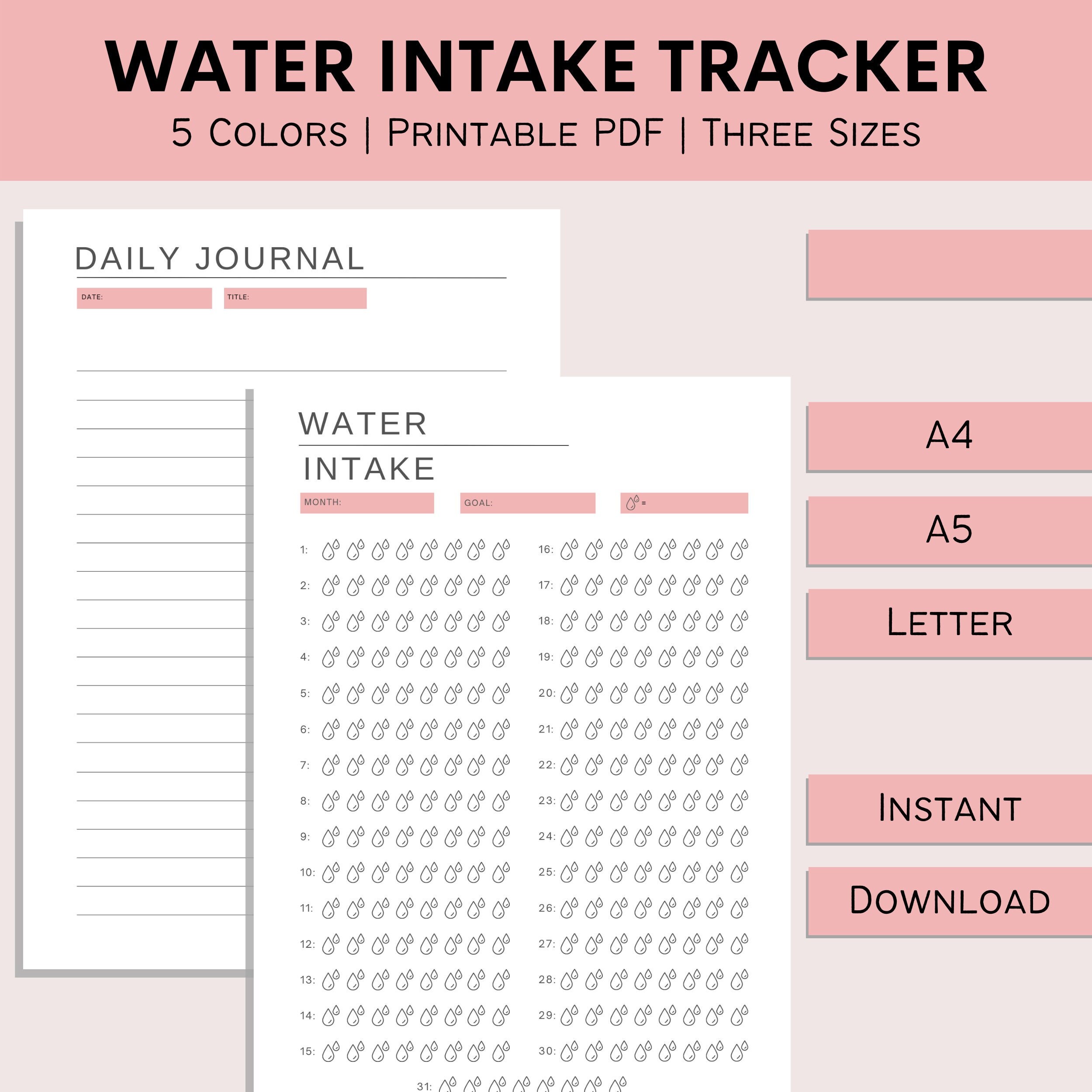 Water Intake Tracker | Monthly Hydration Printable | Water Journal ...