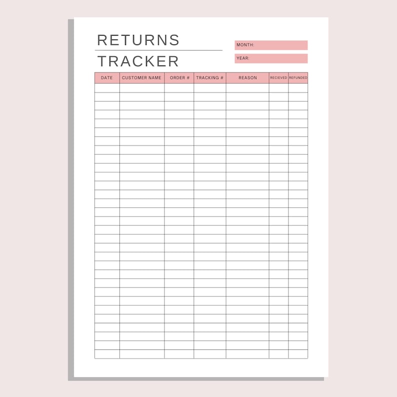 Returns Tracker | Printable Online Business Return Sheet | Sales ...