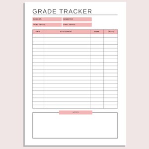 Grade Tracker | Printable Assignment Log | Student Grade Sheet ...