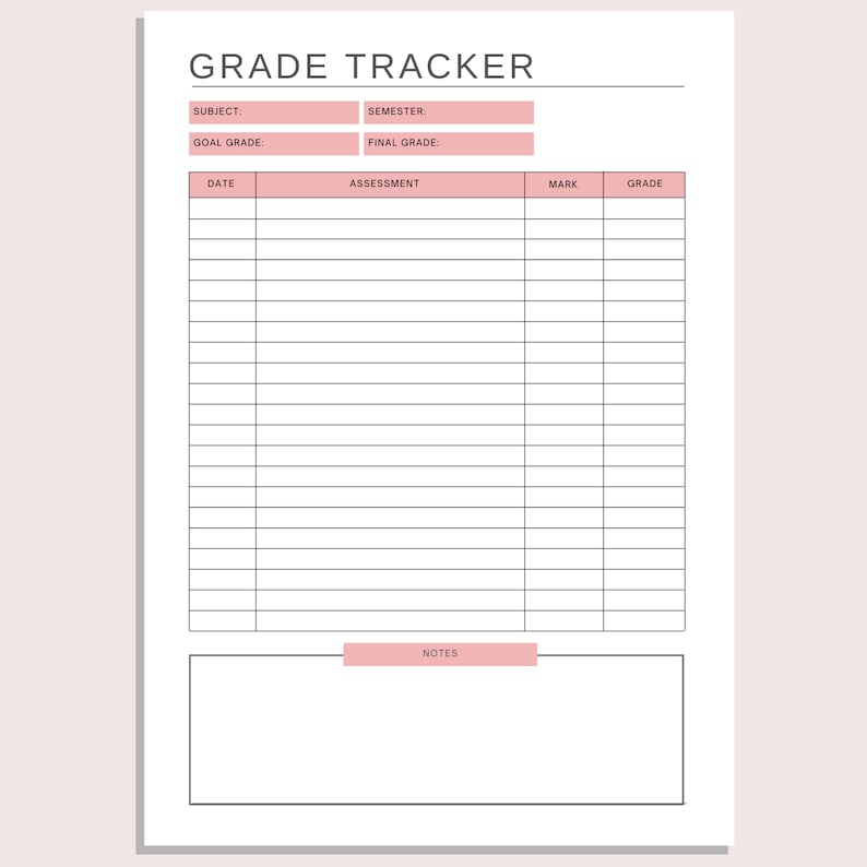 Grade Tracker Printable Assignment Log Student Grade Sheet College ...