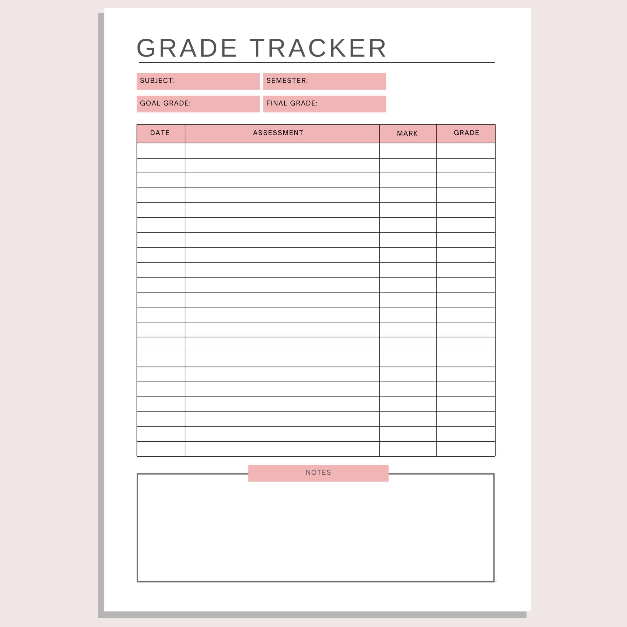 Grade Tracker | Printable Assignment Log | Student Grade Sheet ...