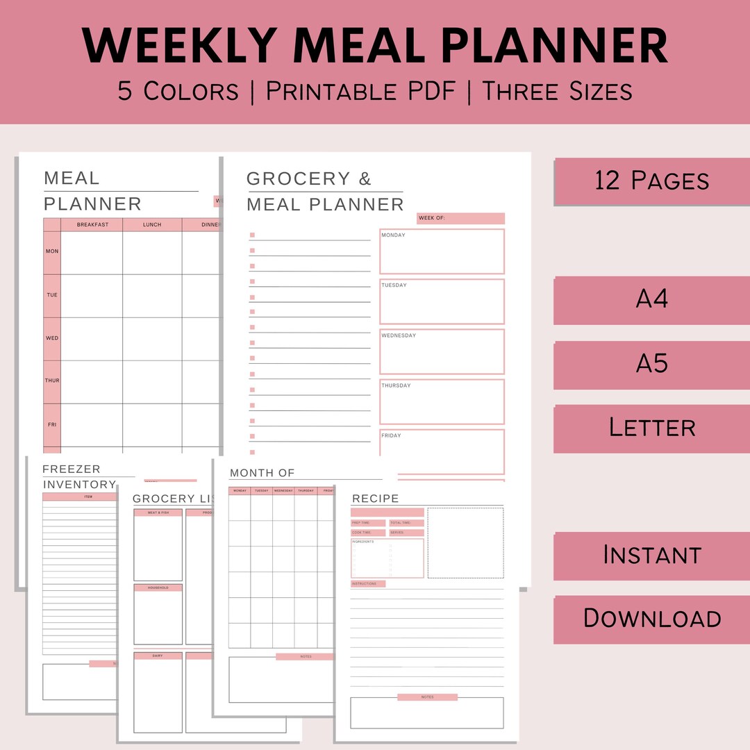 Week Meal Planner Bundle Printable, Grocery List, Meal Prep, Menu ...