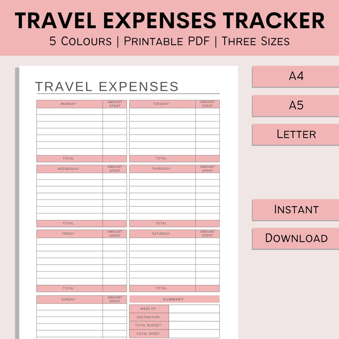 Travel Expenses Tracker | Printable Daily Spending Log | Work Travel ...