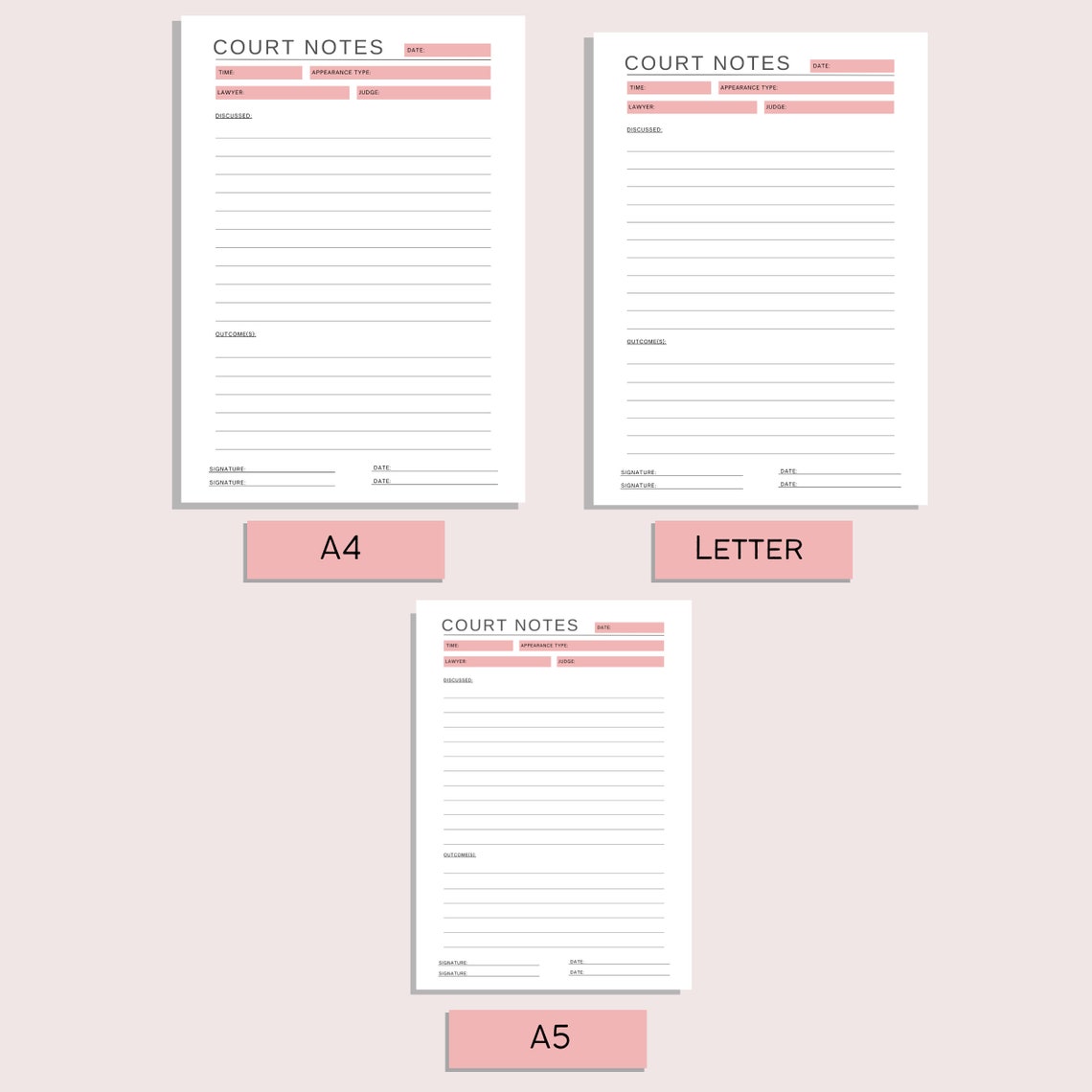 Court Notes, Printable Court Record, Custody Note Keeping, Court ...