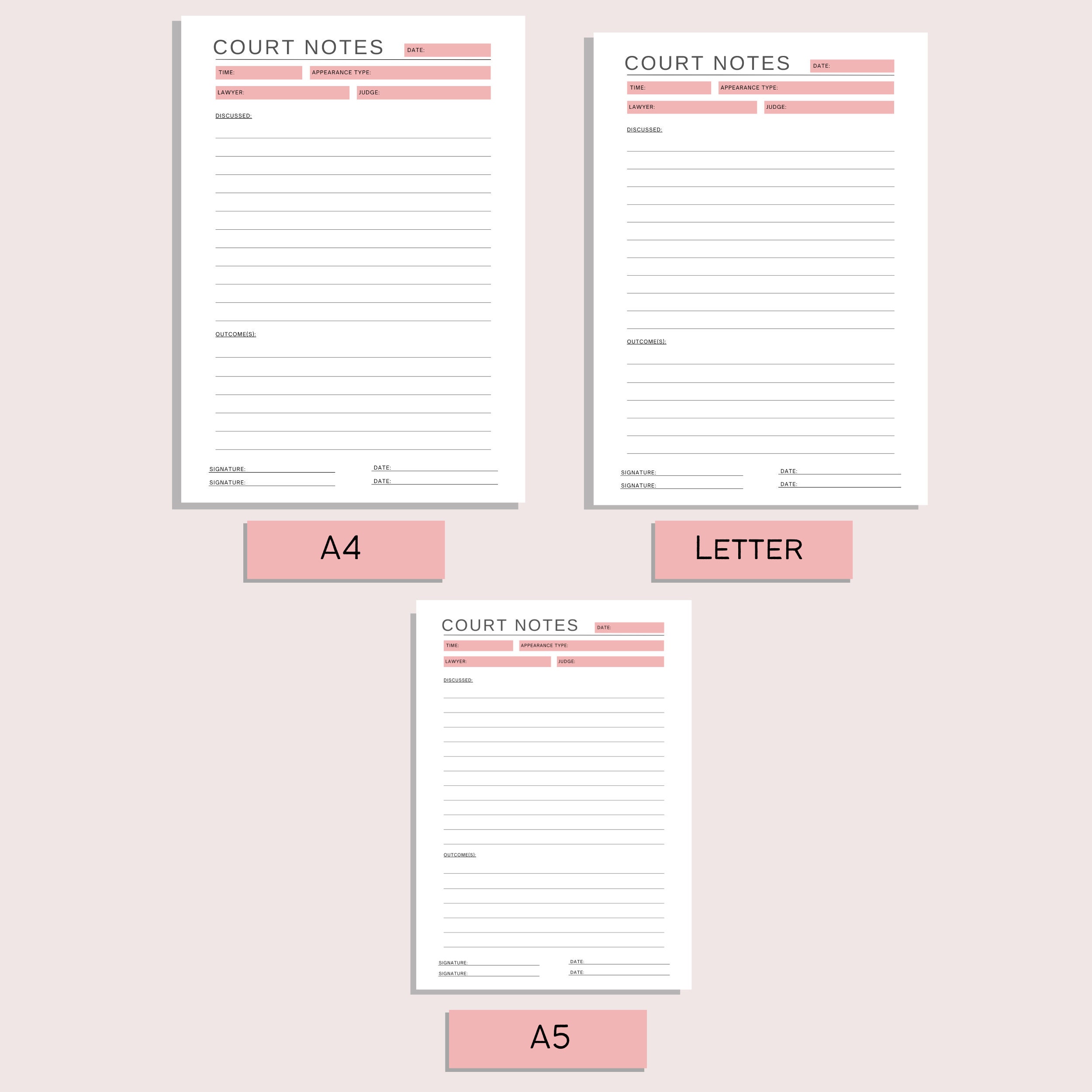 Court Notes, Printable Court Record, Custody Note Keeping, Court ...