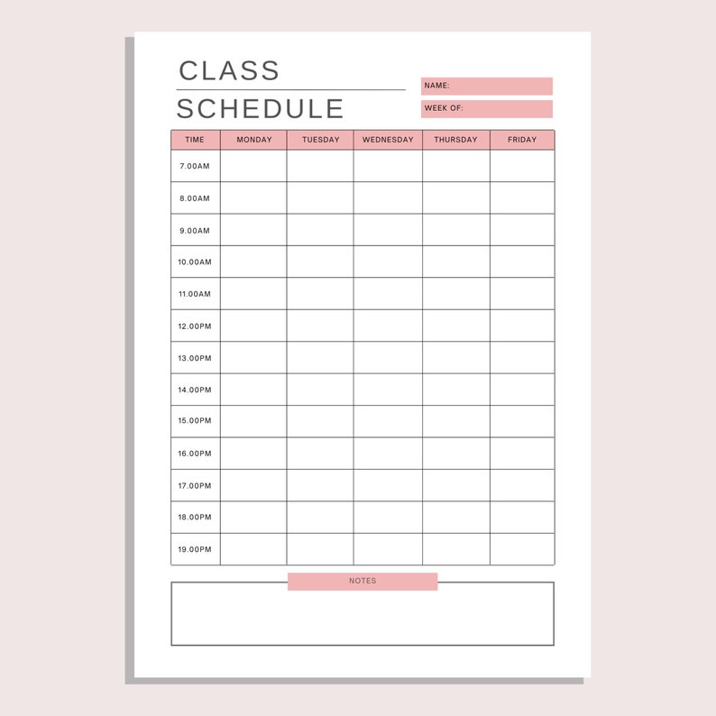 Class Schedule Printable Class Timetable Weekly School Classes Student ...