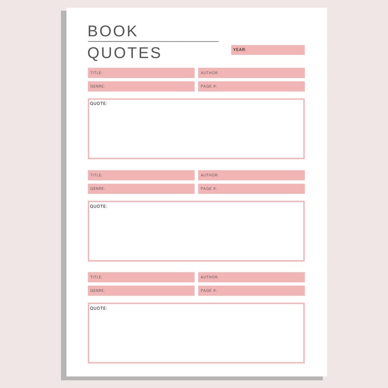 Book Quote Sheet, Printable Favorite Quote Tracker, Book Lover, Quote ...