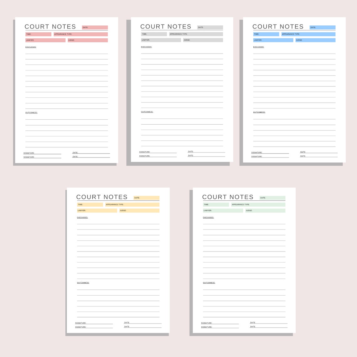 Court Notes, Printable Court Record, Custody Note Keeping, Court ...