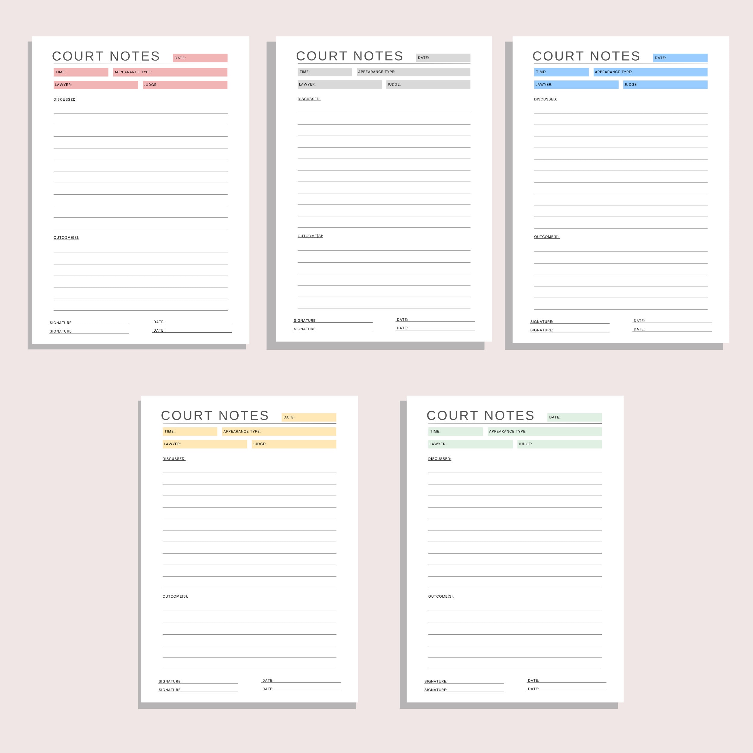 Court Notes, Printable Court Record, Custody Note Keeping, Court ...