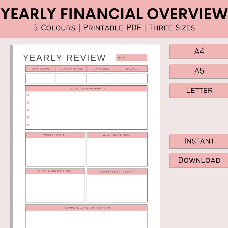 Yearly Financial Overview, Printable Finance Summary, Personal ...