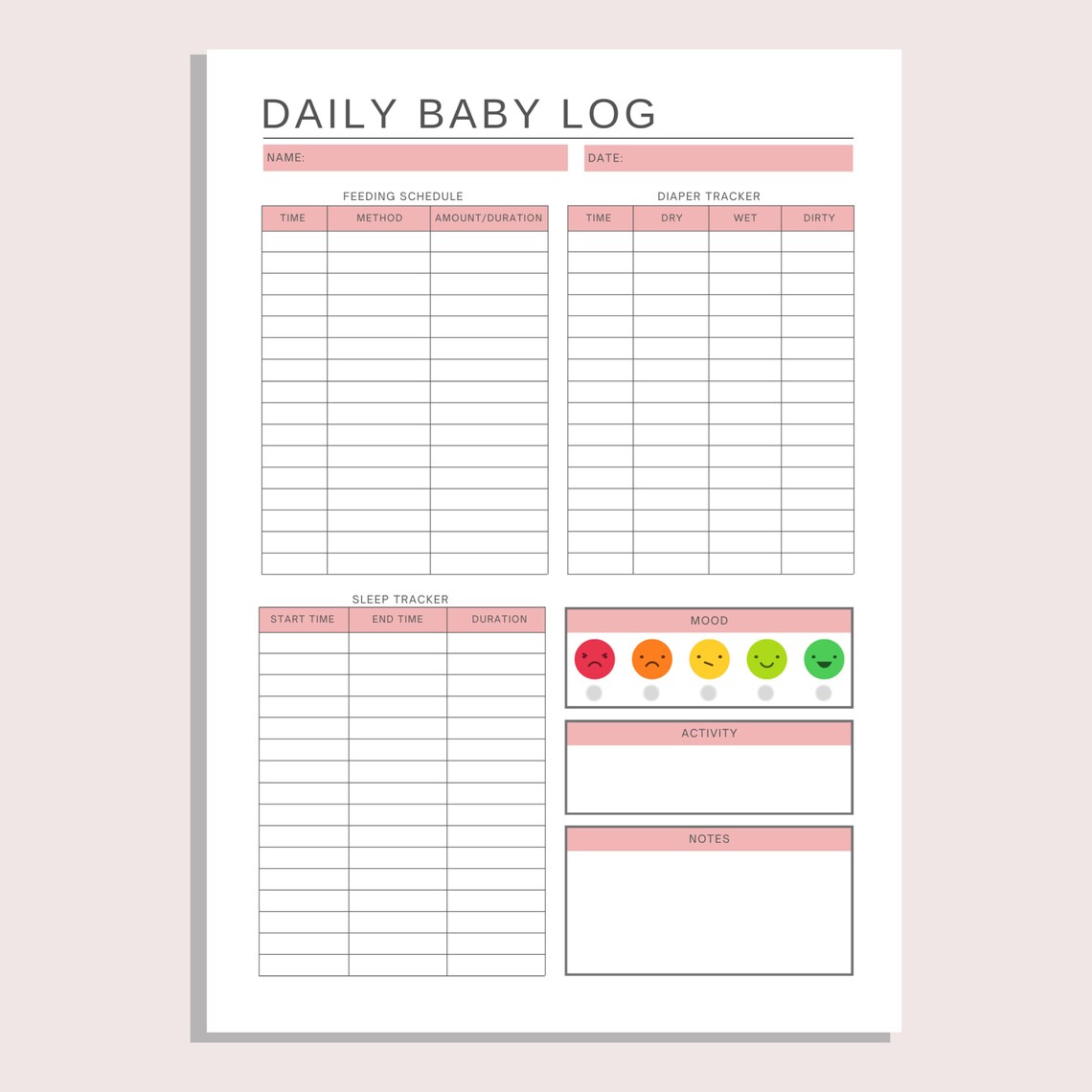 Daily Baby Log | Printable Newborn Tracker | Nursing Log | Babysitter ...
