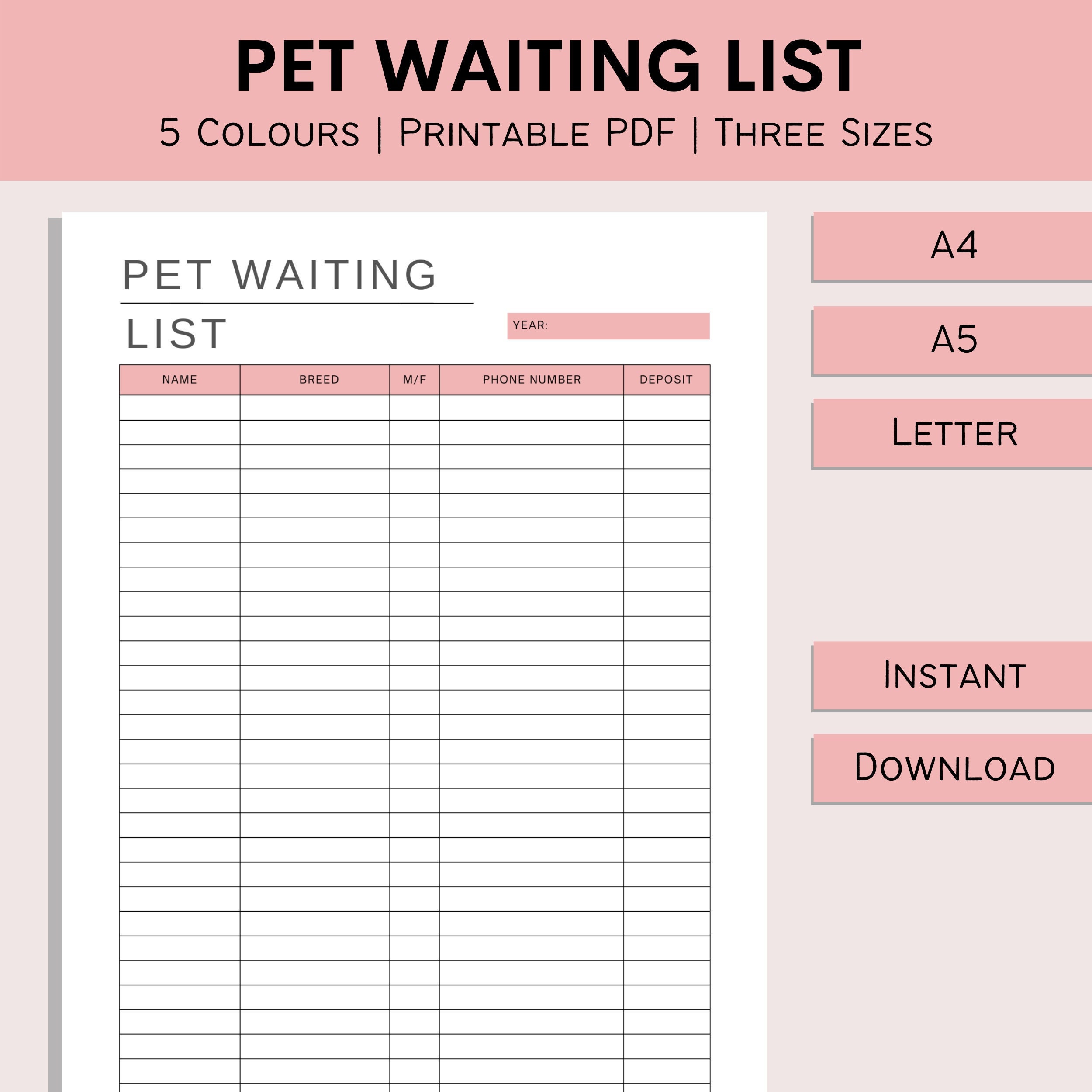 Pet Waiting List Printable Sign up Sheet Pet Deposit Tracker Contact ...