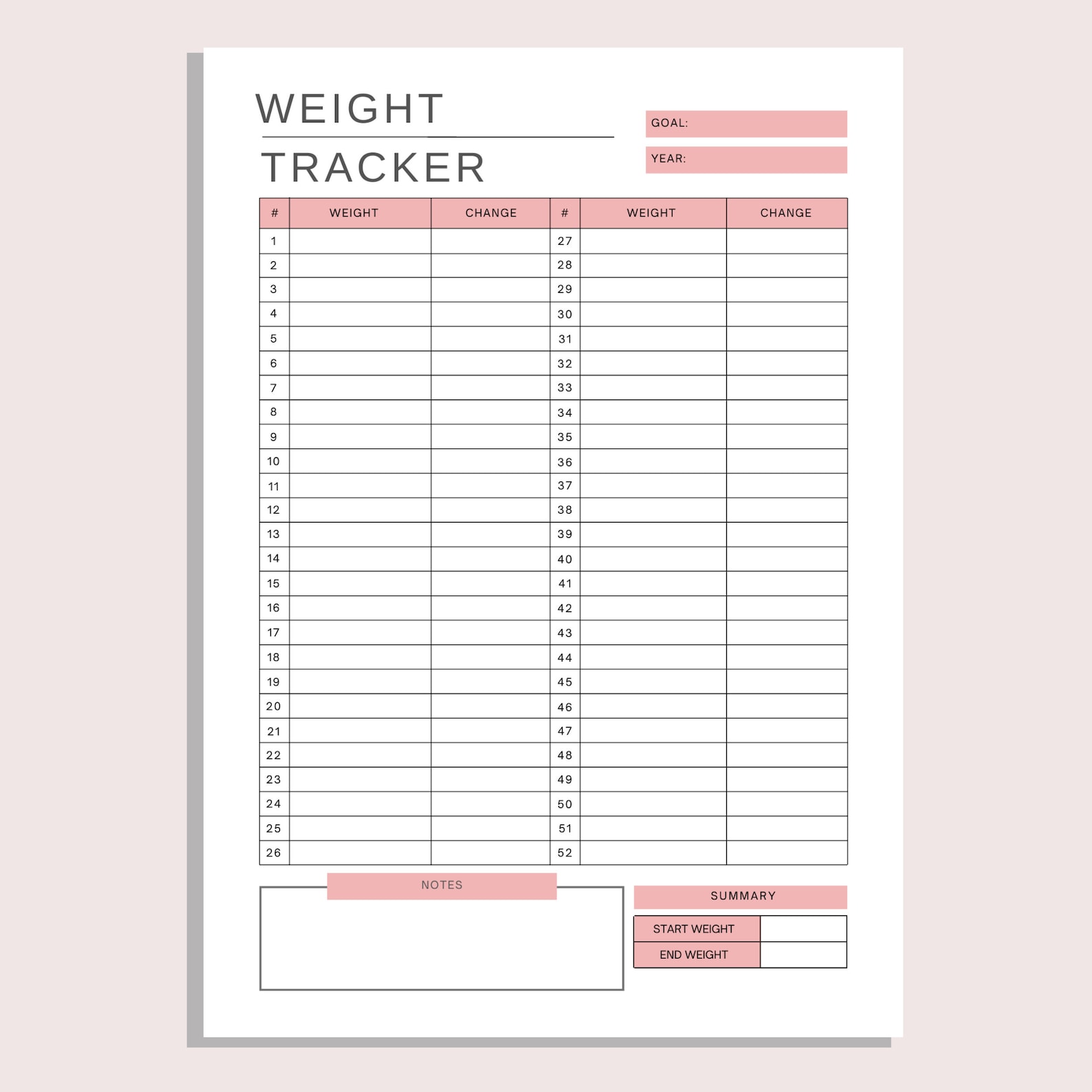 Weekly Weight Loss Tracker | Printable Fitness Planner | 1 Year Weight ...